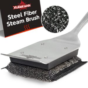 xudakaixin grill brush bristle free,water-activated steam effectively cleans the grill.unique steel fibers for cast iron/stainless-steel grates,grill brush for outdoor grill,gift for men/dad