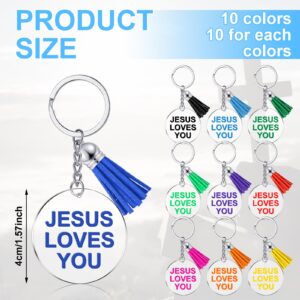 Ferreve 100 Pcs Jesus Loves You Acrylic Keychains with Tassels Christian Gifts Bulk Operation Christmas Supplies Religious Keychain for Women Church Christian Gift