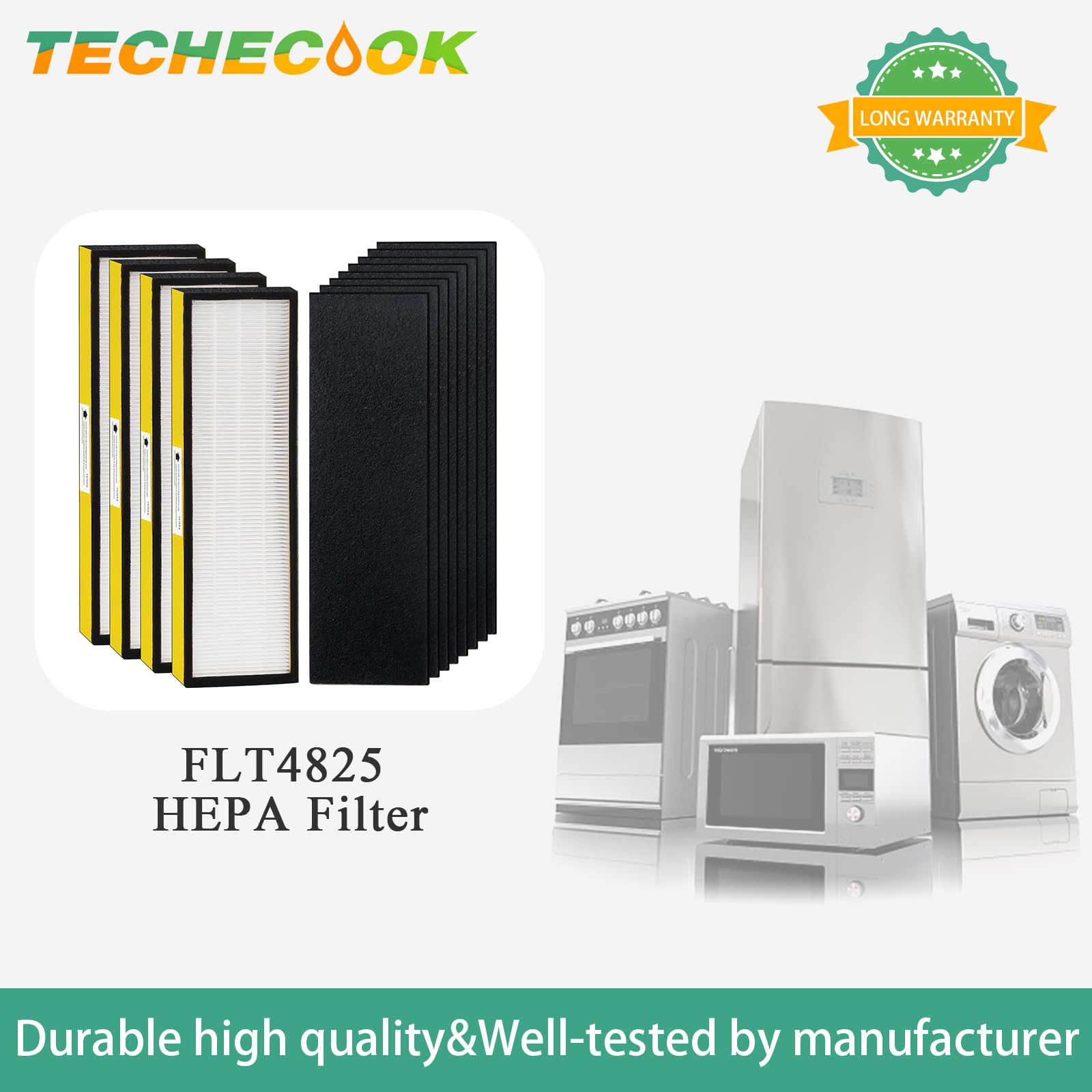 FLT4825 HEPA Filter B Compatible with Air Purifier AC4825 AC4825E AC4300 AC4800 AC4900 AC4850 by Techecook - 4 x True H13 HEPA Filters, 8 x Activated Carbon Pre-Filter