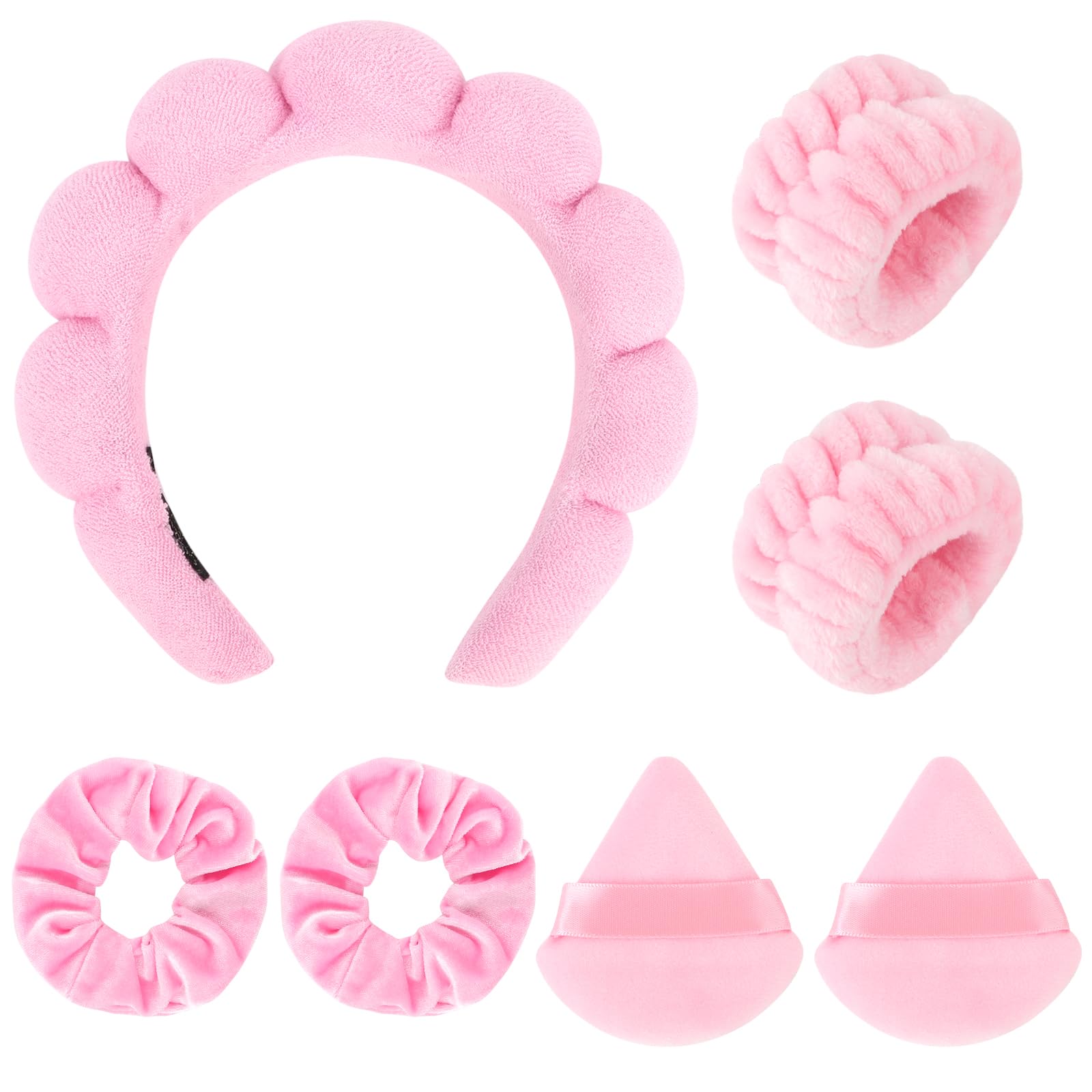 Araluky Spa Headband Set, 7Pcs Puffy Terry Cloth Headband and Wristband for Skincare, Makeup, Yoga, Shower, Spa Party, Sleepover Party, Pink