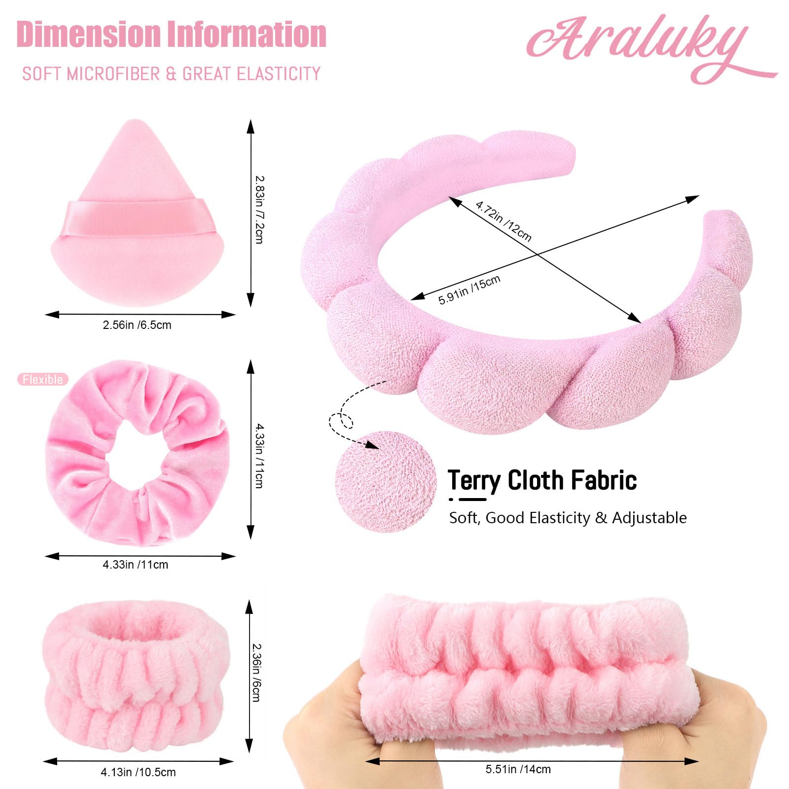 Araluky Spa Headband Set, 7Pcs Puffy Terry Cloth Headband and Wristband for Skincare, Makeup, Yoga, Shower, Spa Party, Sleepover Party, Pink