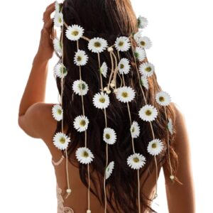 CHLINS Hippie Headband Flower Crown Bohemian Sunflower Headband Flower Headpiece Hippie Costume 60s 70s Outfits for Women (White)