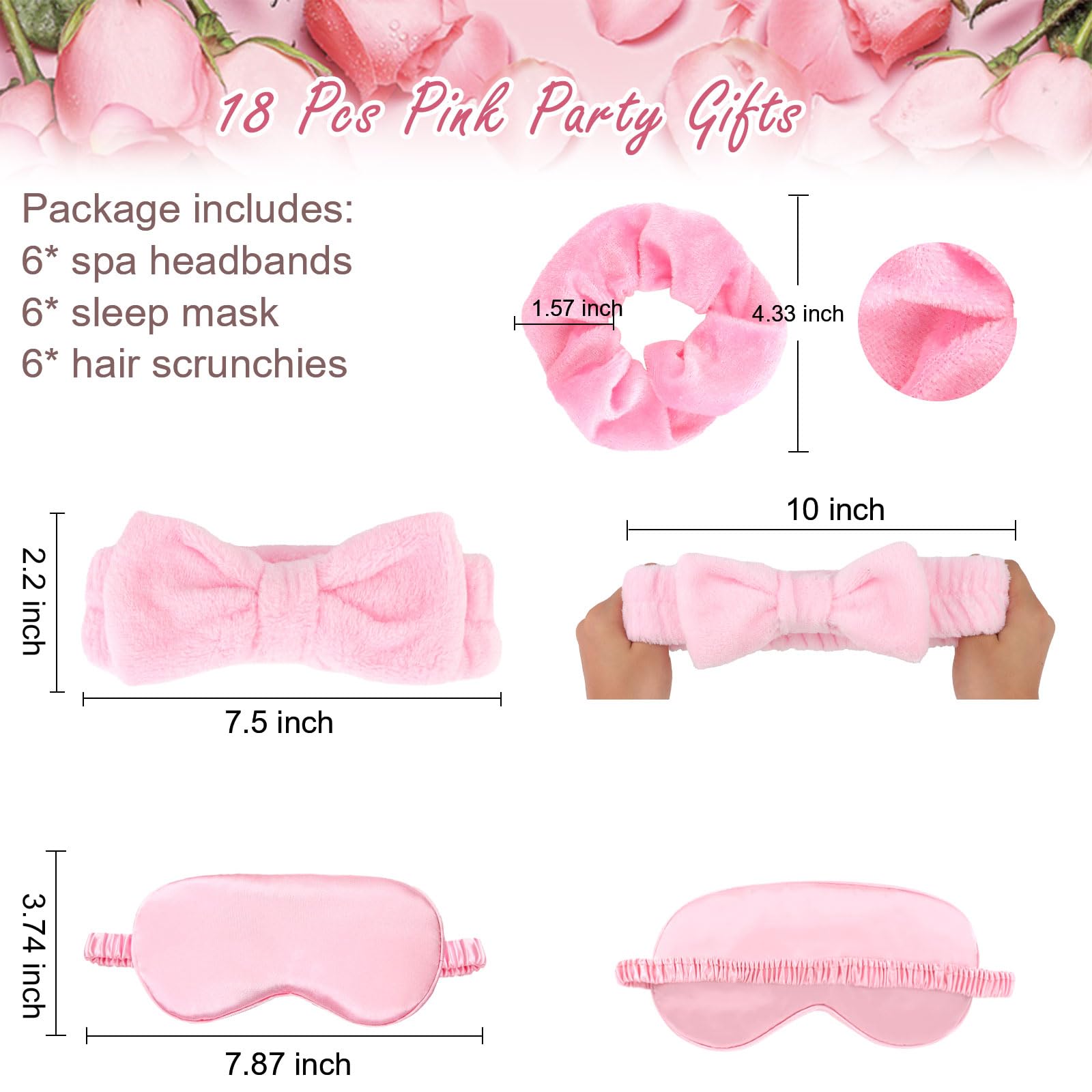 WHAVEL 18 Pcs Sleepover Party Supplies for Girls - Pink Party Favors Include 6 Spa Headband, 6 Silk Eye Mask and 6 Velvet Scrunchies for Spa Birthday, Bachelorette Party, Slumber (Pink)