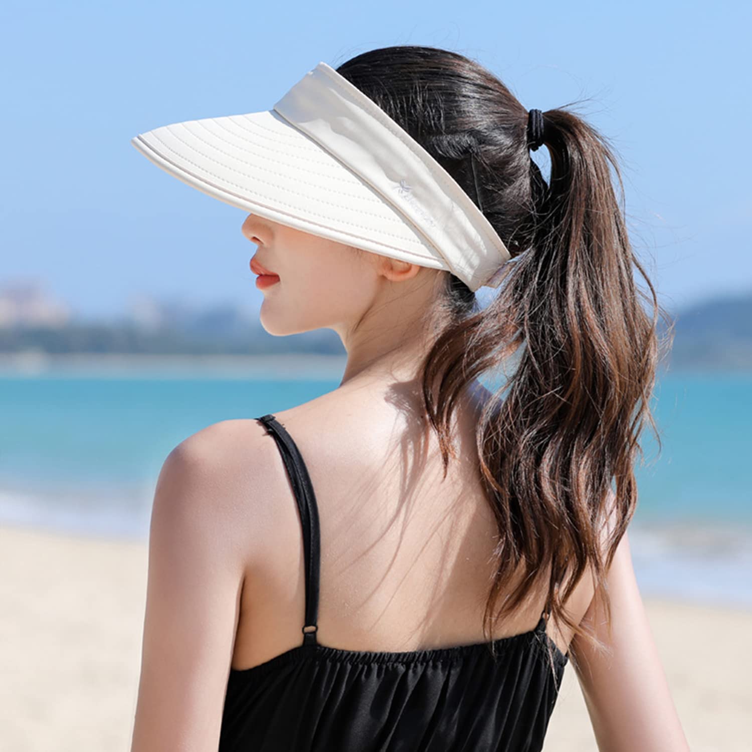 Peicees Zip-Off Wide Brim Visor Hat for Women Packable Sun Hat for Golf Hiking Gardening UV Protection Summer Beach Hat Beige