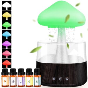 rain cloud humidifier water drip, mushroom rain cloud diffuser with 5 essential oils, raining cloud night light with rain 7 changing colors, desk bedside cloud lights for sleeping relaxing black mood