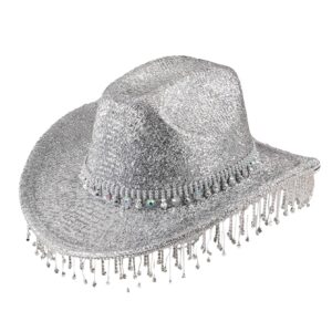 QWINEE Cowboy Hat for Adult Wide Brim Solid Color Western Cowboy Hat with Fringed Rhinestone Novelty Funny Party Cowgirl Hat Silver one-Size