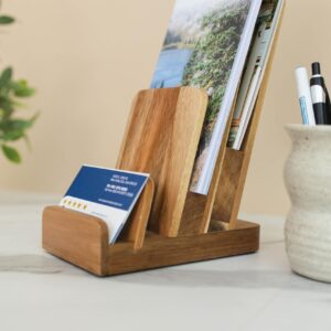 Brochure Holder - 4-Tier Acacia Wood Brochure Display Stand - Waterproof Flyer Stand w/Non-Slip Base - Handmade Flyer Holder for Flyer Display, Menu Holder, Pamphlet & Business Cards- [Pack of 1]