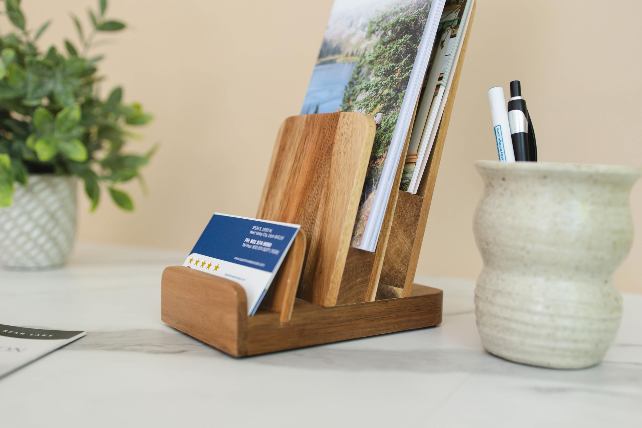 Brochure Holder - 4-Tier Acacia Wood Brochure Display Stand - Waterproof Flyer Stand w/Non-Slip Base - Handmade Flyer Holder for Flyer Display, Menu Holder, Pamphlet & Business Cards- [Pack of 1]