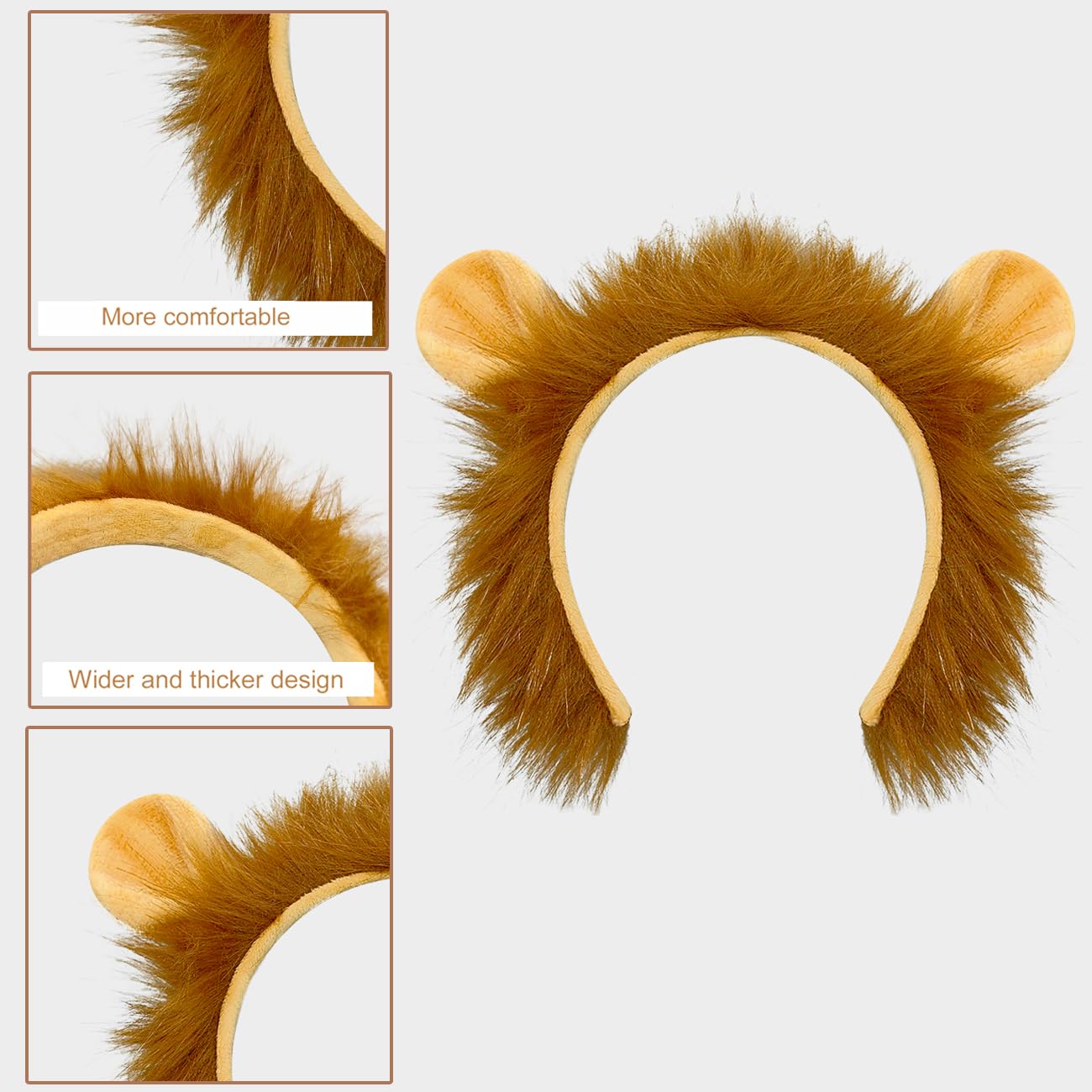 SIOTMERA Lion Ears Headband-4Pack Lion Costume for Adult, Plush Realistic Animal Ears and Horn, Halloween Cosplay Birthday Washing Face Makeup Animal Theme Party Accessories for Adult