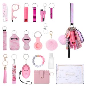 amir safety keychain set for women, wristlet strap keychain with personal alarm and pom pom accessories kit, gifts for women and girls