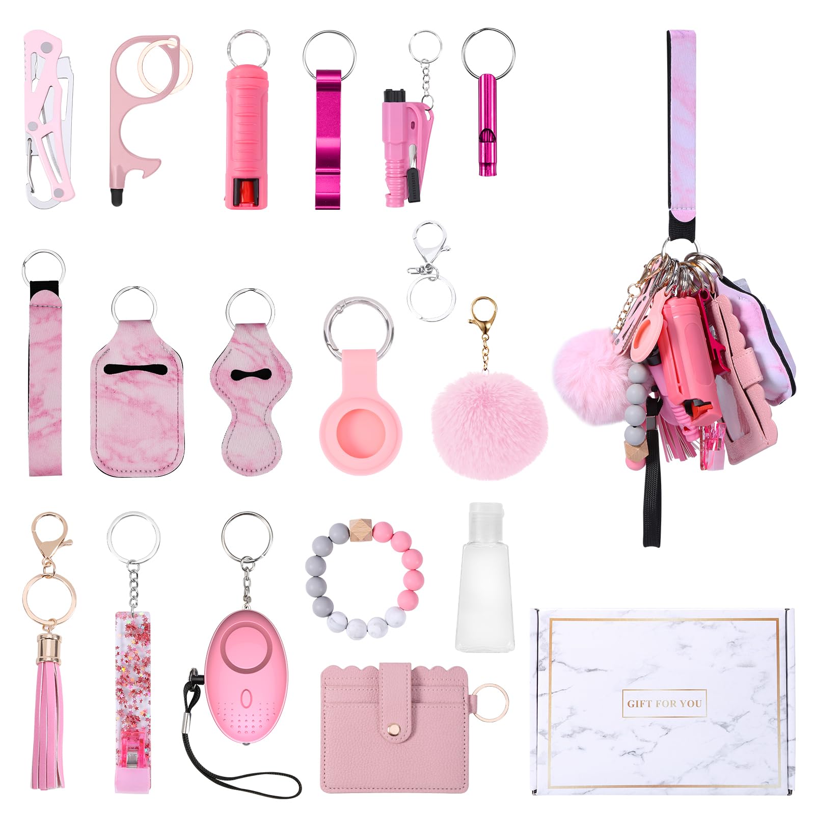 AMIR Safety Keychain Set for Women, Wristlet Strap Keychain with Personal Alarm and Pom Pom Accessories Kit, Gifts for Women and Girls