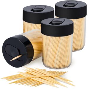 urbanstrive sturdy safe toothpick holder with 1600 natural wood toothpicks for teeth cleaning, unique home design decoration, 4 pack, black