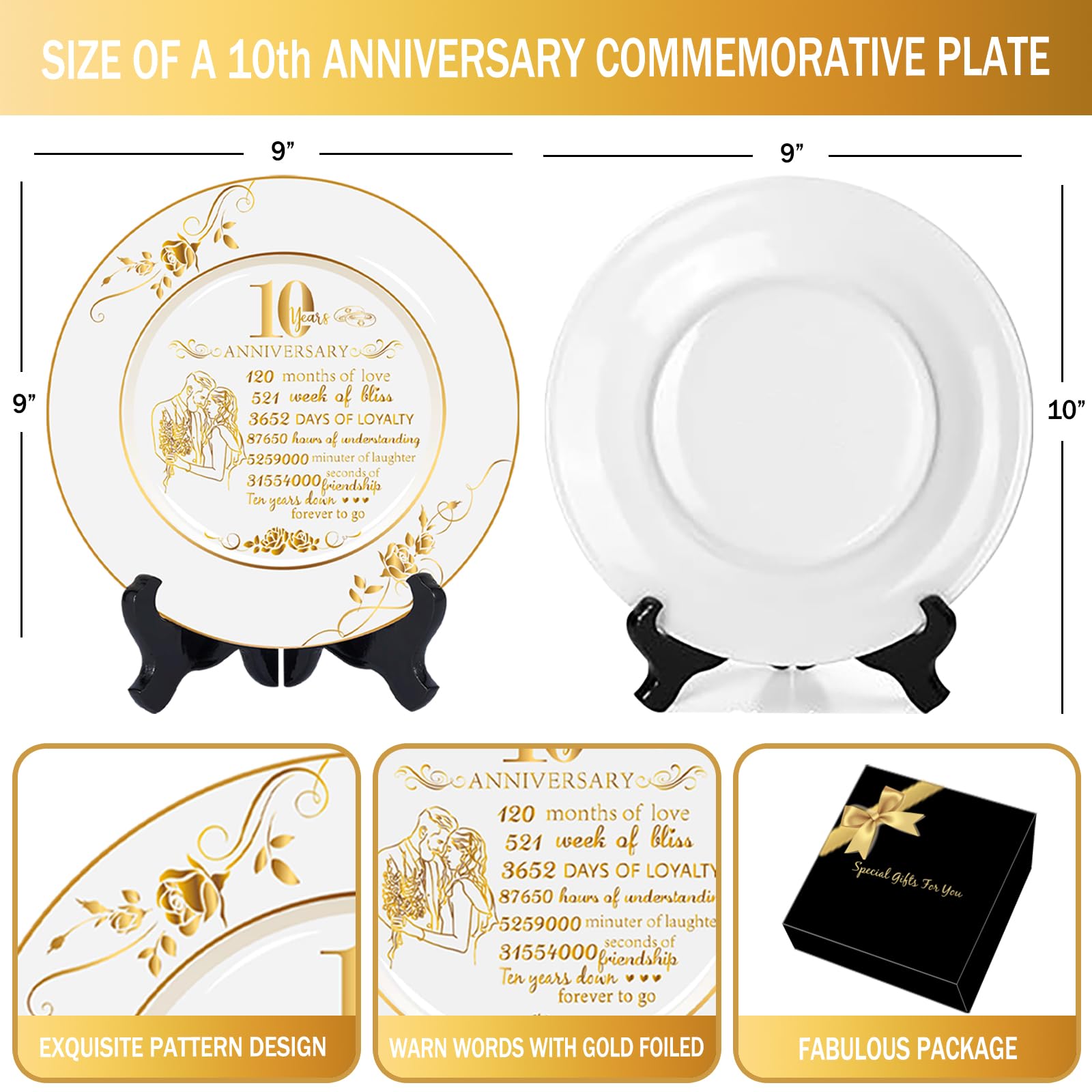 SHUNNIUB Fabulous 10th Anniversary Wedding Gifts, Luxurious 24K Gold Foil 10th Commemorative Plate Anniersary-Gifts for Him Her Couple