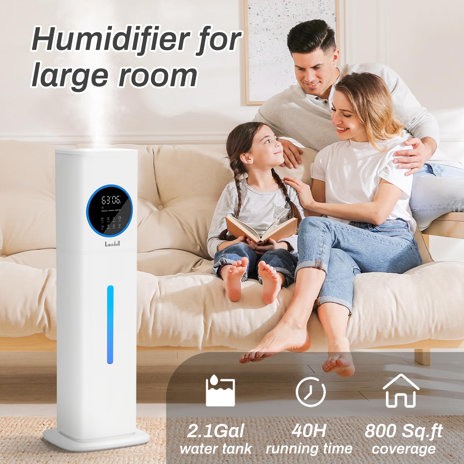 Humidifier Large Room, 2.1Gal/8L Humidifiers for Home, Humidifiers for Bedroom with Essential Oil Diffuser, Top Fill Whole House Cool Mist Humidifiers for Plants Baby Kids Adults Office, White