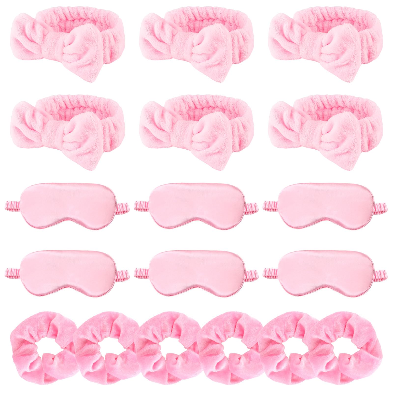 WHAVEL 18 Pcs Sleepover Party Supplies for Girls - Pink Party Favors Include 6 Spa Headband, 6 Silk Eye Mask and 6 Velvet Scrunchies for Spa Birthday, Bachelorette Party, Slumber (Pink)