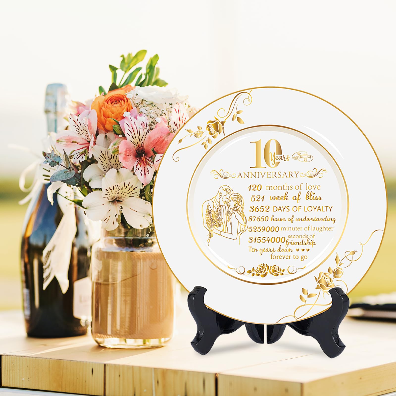 SHUNNIUB Fabulous 10th Anniversary Wedding Gifts, Luxurious 24K Gold Foil 10th Commemorative Plate Anniersary-Gifts for Him Her Couple