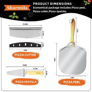 Sharmila Pizza Peel 12 Inch, Aluminum Pizza Paddle with Foldable Wooden Handle,Pizza Rocker Cutter,and Metal Pizza Spatula-Ideal for Family Pizza Oven Baking,Dough,Bread & Pastry