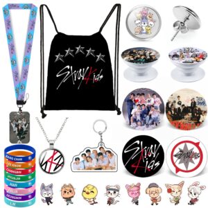 etel like stray kids gifts set, including drawstring bag backpack, necklace, earrings, bracelets, button pins, lanyard id holder, keychain, phone ring holder, cartoon badge