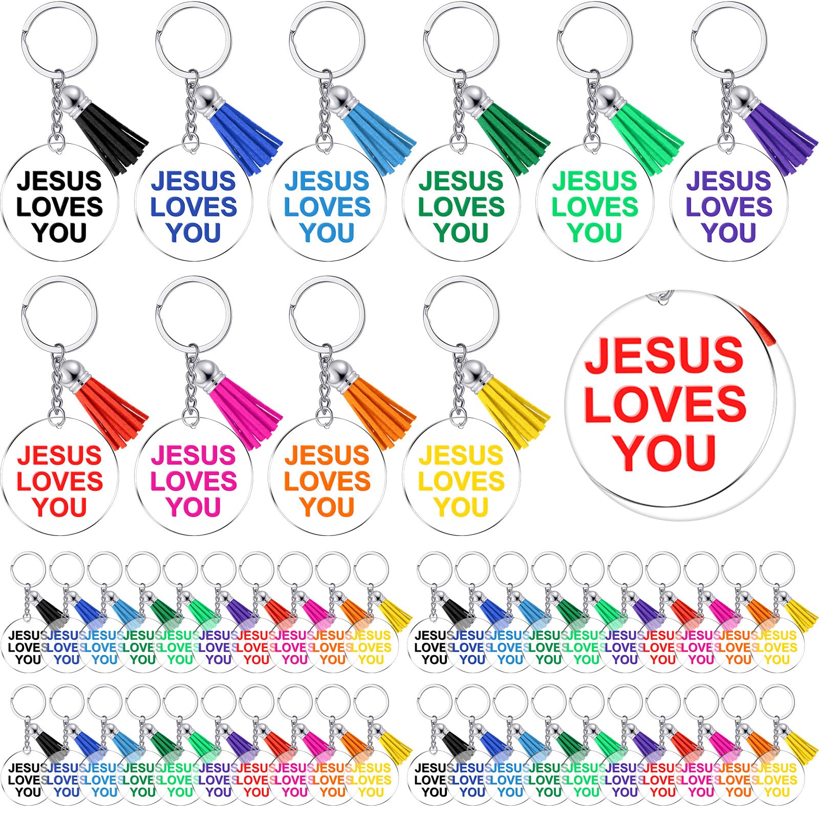 Ferreve 100 Pcs Jesus Loves You Acrylic Keychains with Tassels Christian Gifts Bulk Operation Christmas Supplies Religious Keychain for Women Church Christian Gift