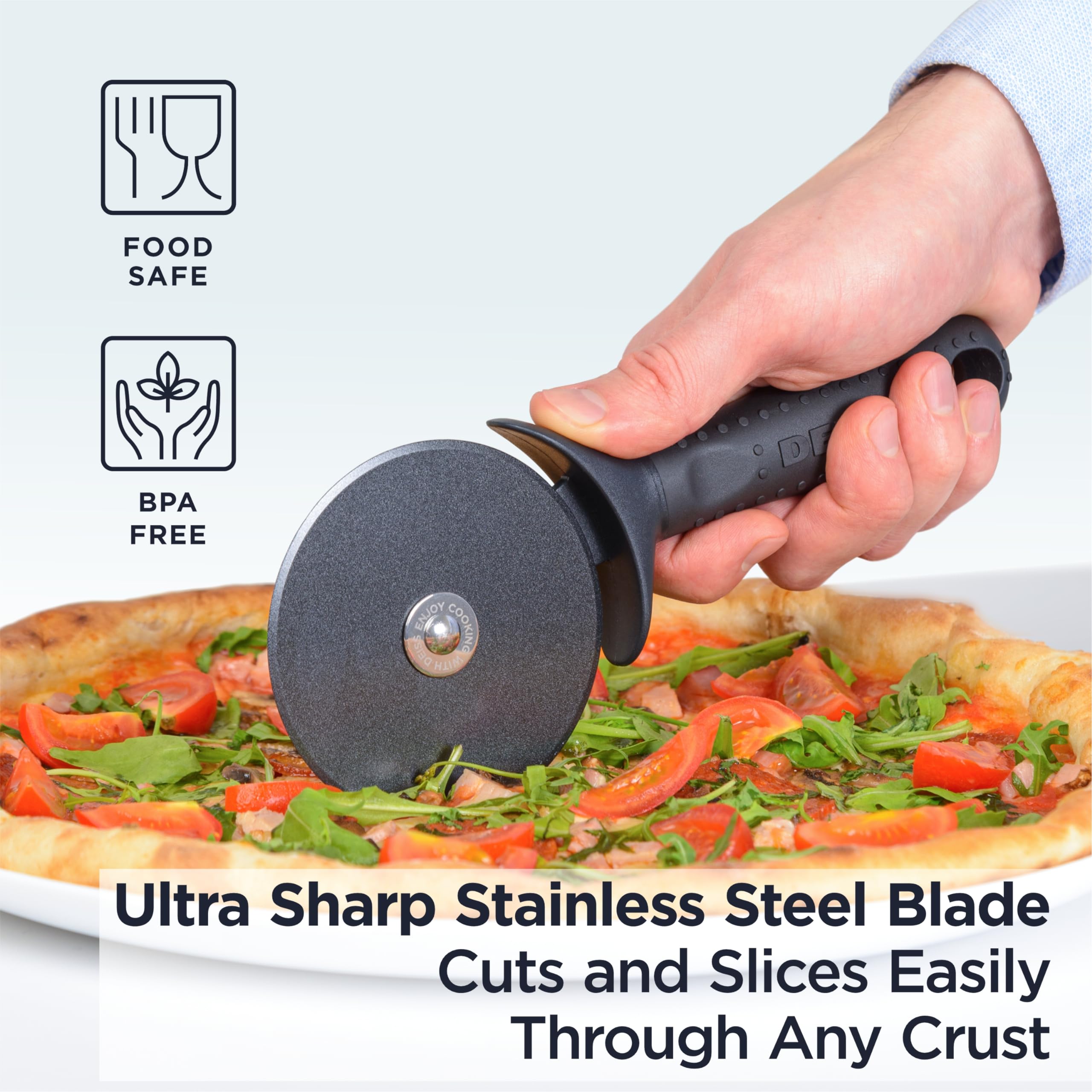 Deiss Lux Heavy Duty Pizza Cutter With Wheel Slicer- Stainless Steel Sharp Smooth Pizza Cutter Wheel With Easy Grip Non-Slip Handle, Dishwasher Safe (BLACK)