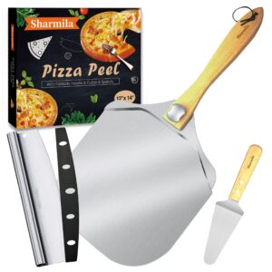 sharmila pizza peel 12 inch, aluminum pizza paddle with foldable wooden handle,pizza rocker cutter,and metal pizza spatula-ideal for family pizza oven baking,dough,bread & pastry