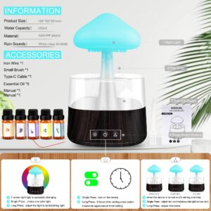 Rain Cloud Humidifier Water Drip, Mushroom Rain Cloud Diffuser with 5 Essential Oils, Raining Cloud Night Light with Rain 7 Changing Colors, Desk Bedside Cloud Lights for Sleeping Relaxing Black Mood