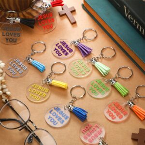 Ferreve 100 Pcs Jesus Loves You Acrylic Keychains with Tassels Christian Gifts Bulk Operation Christmas Supplies Religious Keychain for Women Church Christian Gift