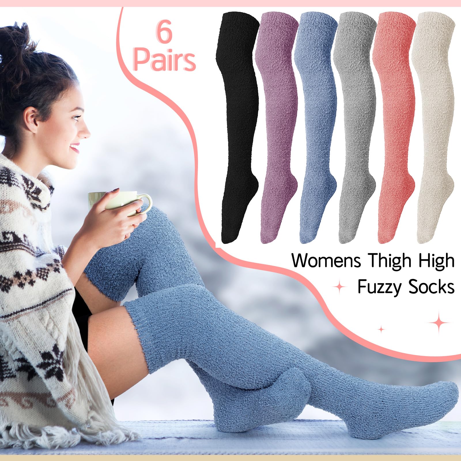 Liitrsh 6 Pairs Women Knee High Fuzzy Socks Soft Long Thigh High Warm stockings Cozy Slipper Plush Socks(Multicolored)