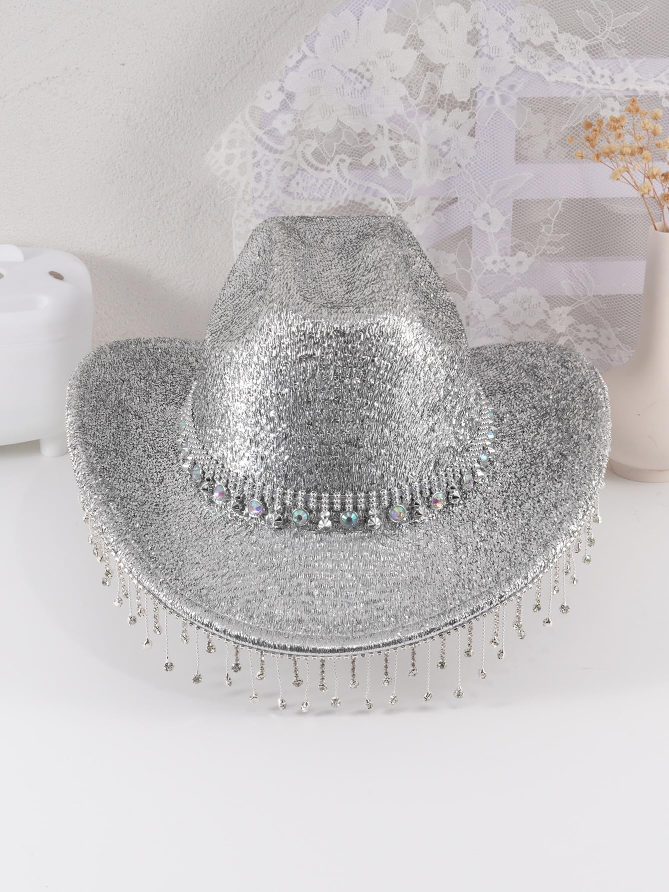 QWINEE Cowboy Hat for Adult Wide Brim Solid Color Western Cowboy Hat with Fringed Rhinestone Novelty Funny Party Cowgirl Hat Silver one-Size