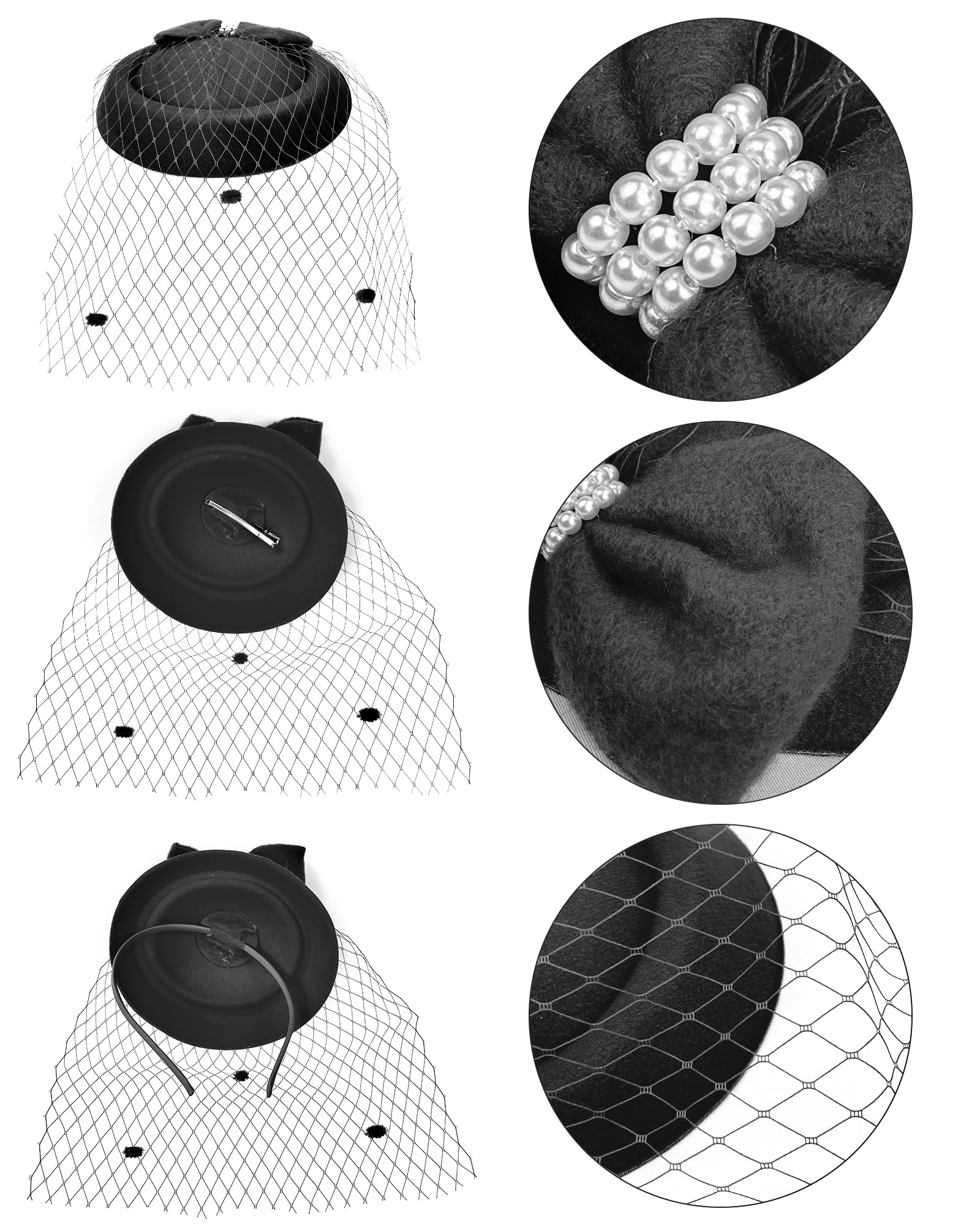 Bniksok Black Fascinators Hats with Veil for Women Vintage Halloween Pillbox Hat 1920s 50s Gatsby Cocktail Tea Party Headwear, Lace Gloves Pearl Necklace