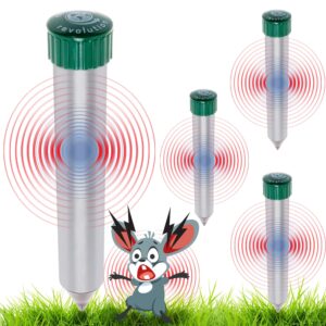 4 pack sonic mole chaser - battery operated pest repeller stake, scares away moles, voles, gophers and rats by greenlighting (metal & green)