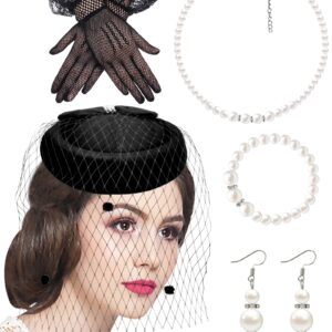 Bniksok Black Fascinators Hats with Veil for Women Vintage Halloween Pillbox Hat 1920s 50s Gatsby Cocktail Tea Party Headwear, Lace Gloves Pearl Necklace