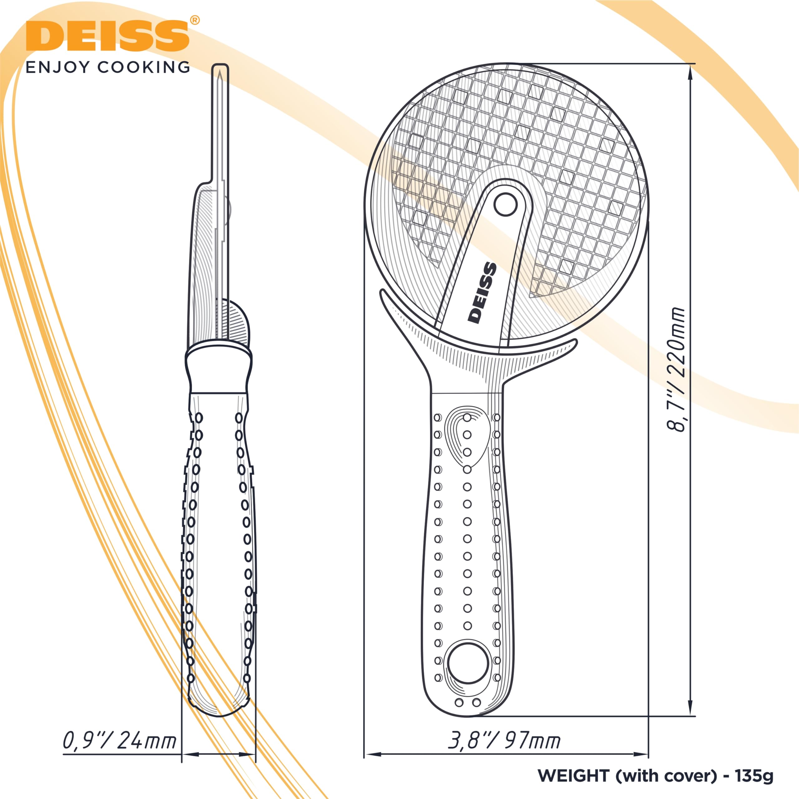 Deiss Lux Heavy Duty Pizza Cutter With Wheel Slicer- Stainless Steel Sharp Smooth Pizza Cutter Wheel With Easy Grip Non-Slip Handle, Dishwasher Safe (BLACK)