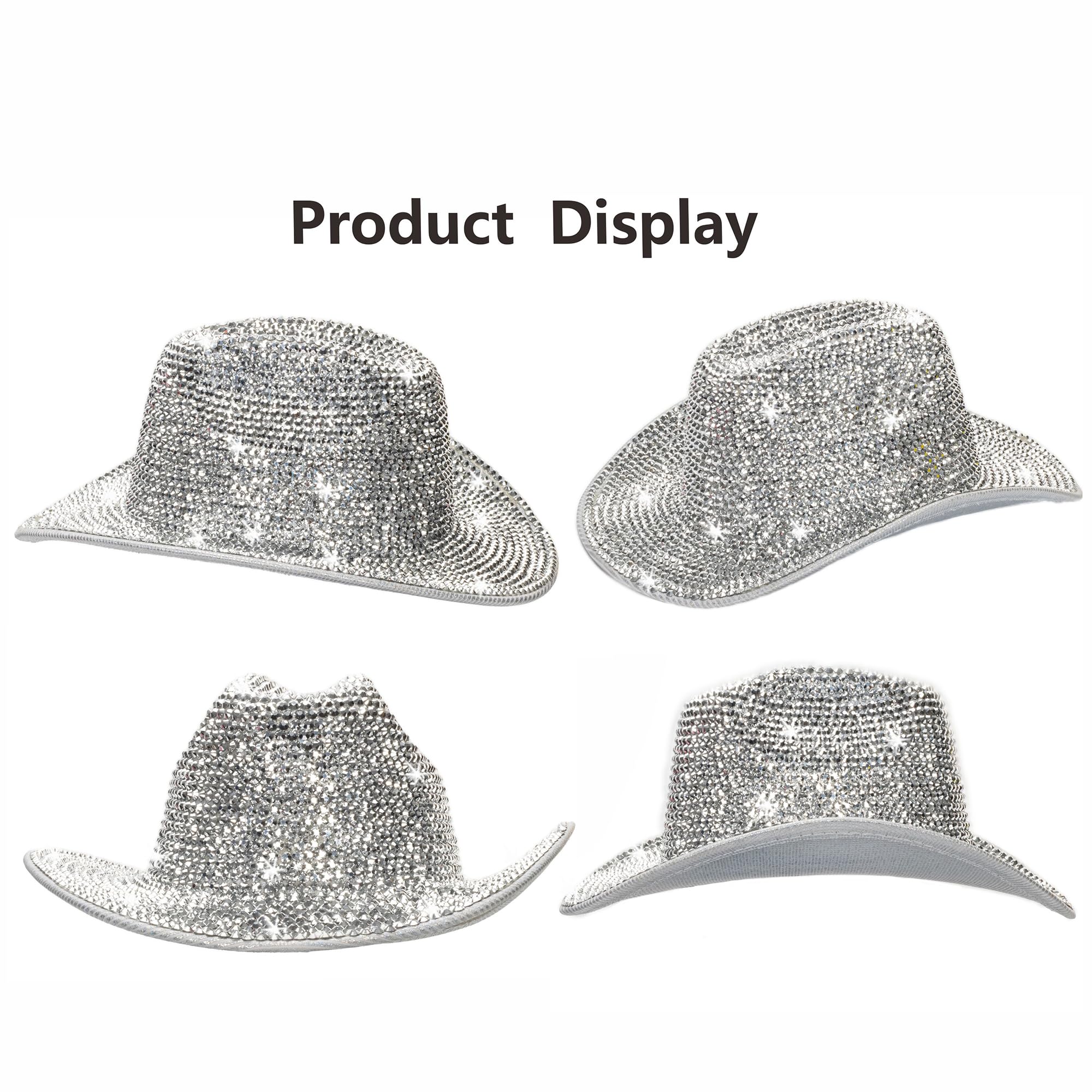 Silver Rhinestone Western Cowboy Hat for Womens - Glitter Cowgirl Hat for Disco Parties and Costumes