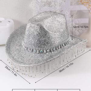 QWINEE Cowboy Hat for Adult Wide Brim Solid Color Western Cowboy Hat with Fringed Rhinestone Novelty Funny Party Cowgirl Hat Silver one-Size