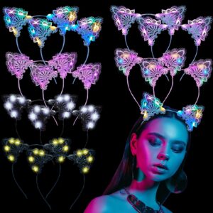 juexica 12 pcs lace led ears headband, cat ears glow light up headband pack for women girls, halloween party accessories favors, black, white, pink