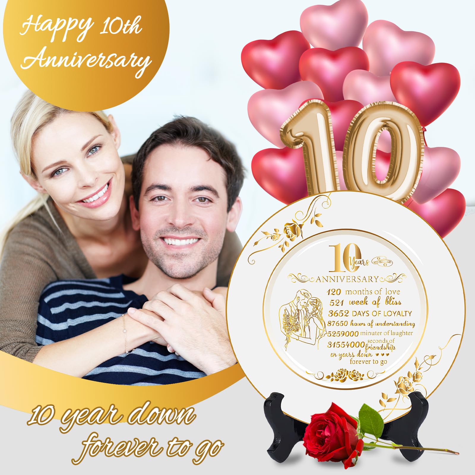 SHUNNIUB Fabulous 10th Anniversary Wedding Gifts, Luxurious 24K Gold Foil 10th Commemorative Plate Anniersary-Gifts for Him Her Couple