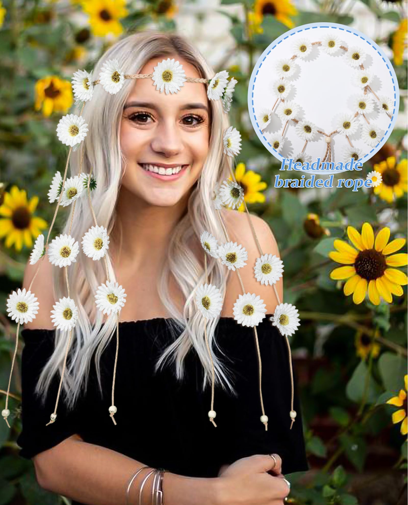 CHLINS Hippie Headband Flower Crown Bohemian Sunflower Headband Flower Headpiece Hippie Costume 60s 70s Outfits for Women (White)