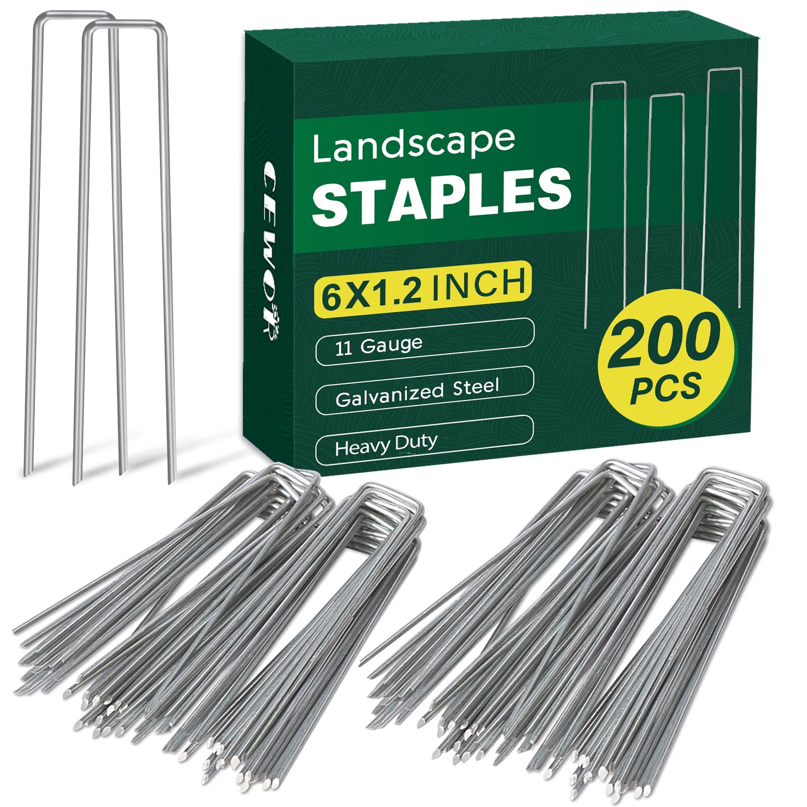 CEWOR 200 Pack Landscape Staples 6 Inches, 11 Gauge Galvanized Landscape Fabric Stakes Metal Garden Ground Stakes Sod Pins for Lawn, Barrier Fabric, Holding Fence, Ground Cover