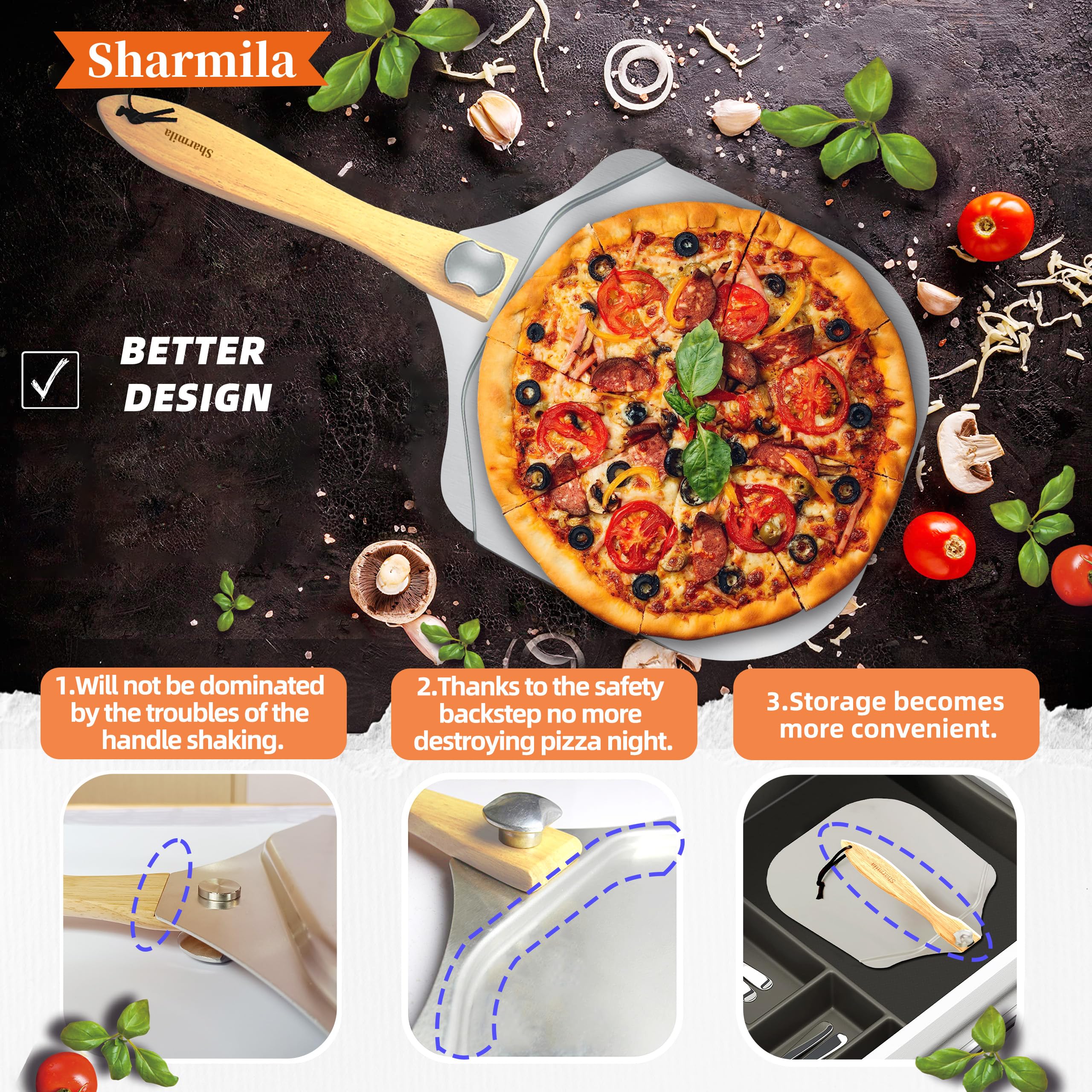 Sharmila Pizza Peel 12 Inch, Aluminum Pizza Paddle with Foldable Wooden Handle,Pizza Rocker Cutter,and Metal Pizza Spatula-Ideal for Family Pizza Oven Baking,Dough,Bread & Pastry