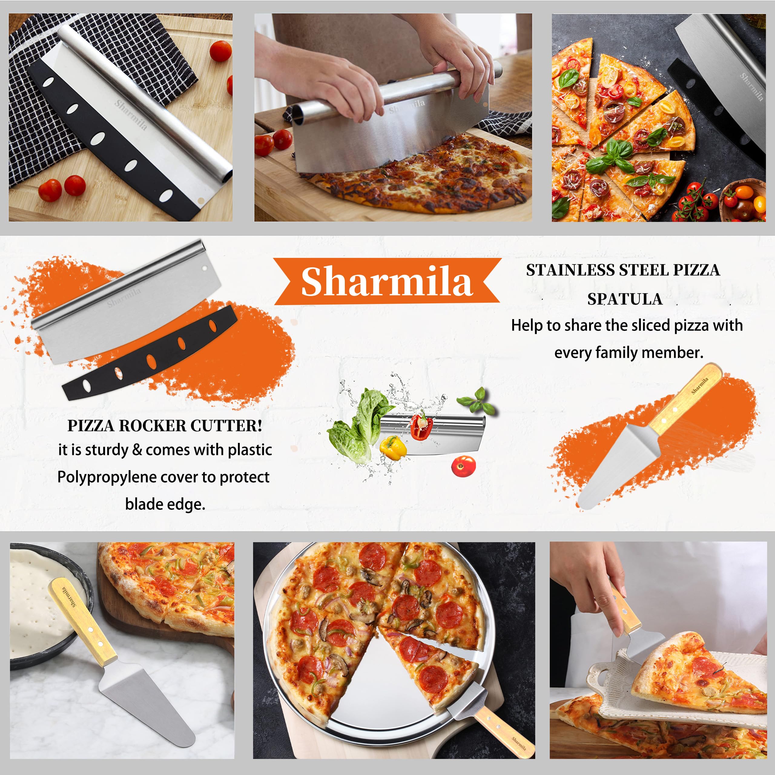 Sharmila Pizza Peel 12 Inch, Aluminum Pizza Paddle with Foldable Wooden Handle,Pizza Rocker Cutter,and Metal Pizza Spatula-Ideal for Family Pizza Oven Baking,Dough,Bread & Pastry