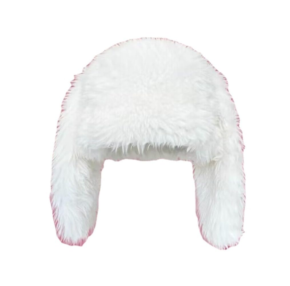 Plush Hat for Women Fuzzy Cute Beanie Solid Color Rabbit Bunny Ears Hat Y2K Winter Cold Weather Christmas Halloween (White)