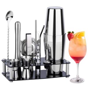 cocktail shaker set bartender kit : 15-piece bar tool set with acrylic stand bar set with all practical bar accessories, for drink mixing, bar, home, lounge & party, silver