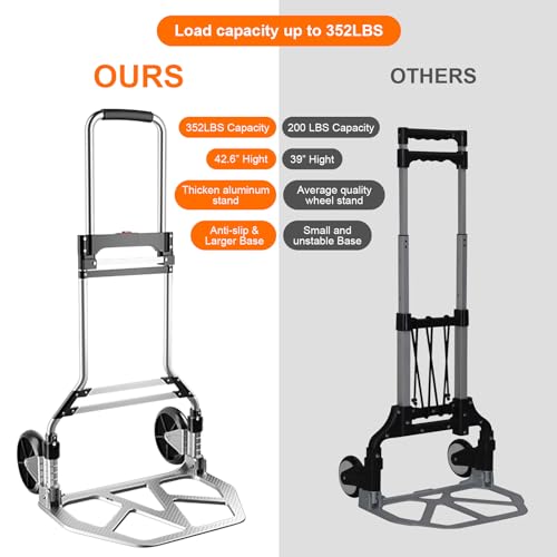 Smartmak Portable Dolly Cart, 352 lbs Capacity Heavy Duty Aluminum Folding Hand Truck with Silent Large Rubber Wheels, for Home, Office, Moving Warehouse