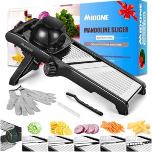 midone adjustable mandoline slicer - all-in-1 mandoline slicer for kitchen, stainless steel mandoline food slicer, mandolin, potato slicer, tomato slicer with cut-resistant gloves & cleaning brush