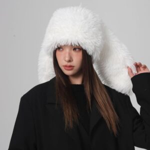 Plush Hat for Women Fuzzy Cute Beanie Solid Color Rabbit Bunny Ears Hat Y2K Winter Cold Weather Christmas Halloween (White)