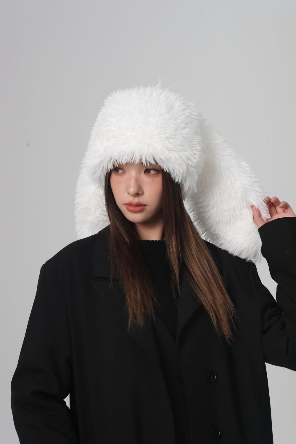 Plush Hat for Women Fuzzy Cute Beanie Solid Color Rabbit Bunny Ears Hat Y2K Winter Cold Weather Christmas Halloween (White)