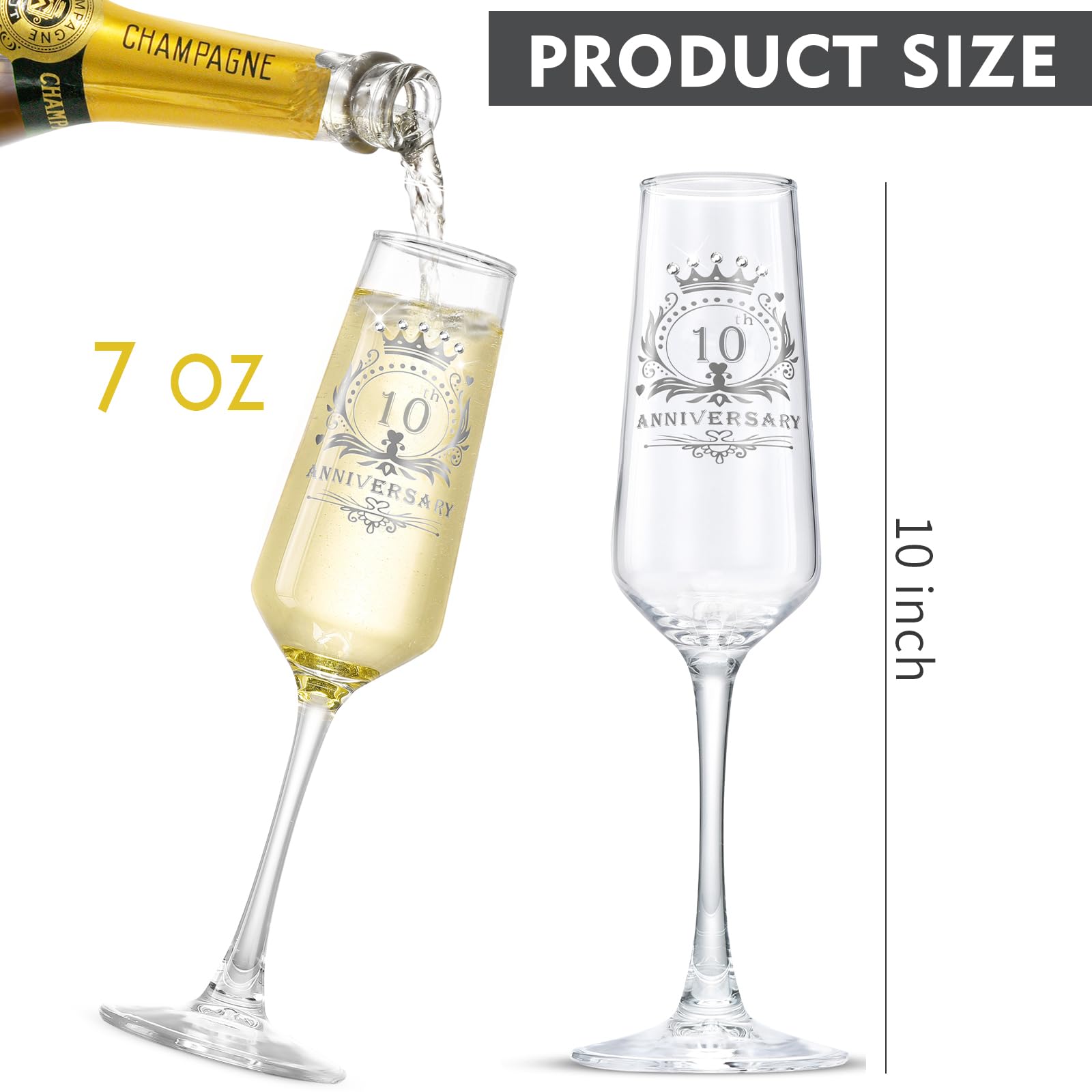 ROXBURGH 10th Wedding Anniversary Champagne Flutes Gifts Set of 2, 10th Anniversary Decorations 7 OZ Crystal Champagne Glasses, Wedding Gifts, Couples, Parents Anniversary