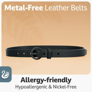 ITAY Women Metal Free Leather Belt - 25mm Nickel Free Belt for Women, TSA-Friendly No Metal Belts - Plastic Buckle - Black, M