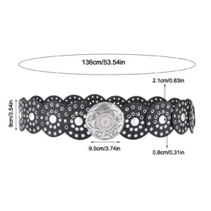 Dazzleimart Hollow Disc Belt Western Style Exaggerated Cowboy Wide Disc Belt Metal Buckle Vintage Soft Belt for Women (Black Silver-A, 101cm/39.7in)